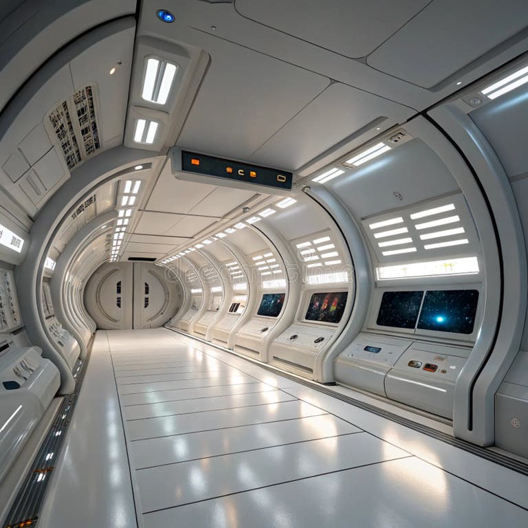 White Interior of a Spaceship with Lighting in Perspective, 3D Stock ...