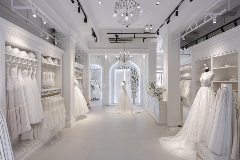 White Interior of Store with Beautiful Wedding Dresses Stock ...