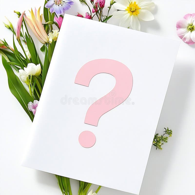 A White Invitation Card with a Pink Question Mark Surrounded by Vibrant ...
