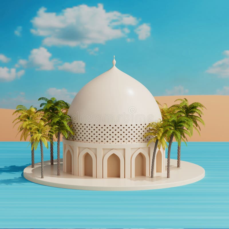 White Islamic Mosque and Minaret Building Model Icon with Palm Trees ...
