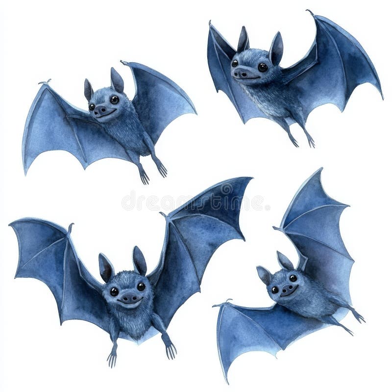 On a White Isolate Background, Four Illustrations of Bats in Various ...