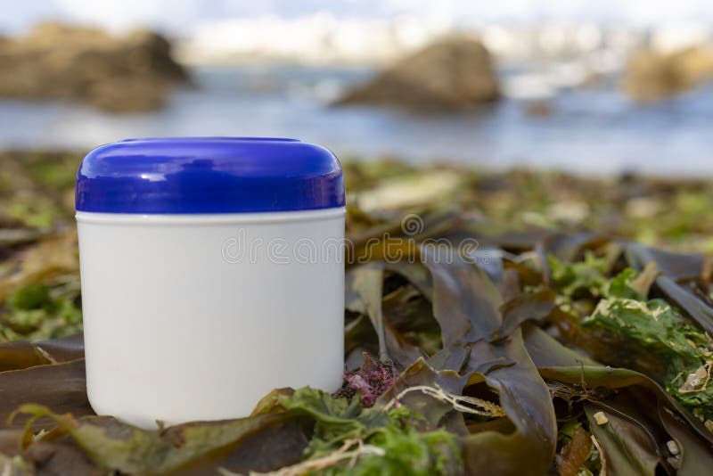 A White Jar with a Blue Lid for the Cream Stands on the Algae. Stock ...
