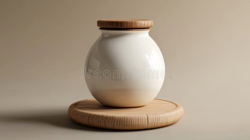A White Jar with a Brown Lid Set on a Wooden Stand Stock Illustration ...