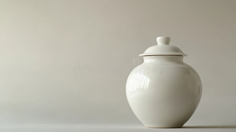 A White Jar with a Lid Placed Against a Plain Backdrop Stock ...