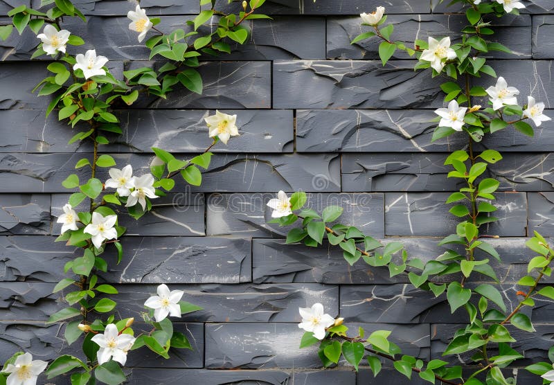White Jasmine Flowers Climbing Grey Brick Wall Stock Illustration ...