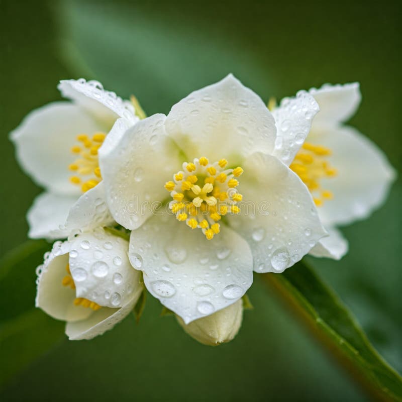 White Jasmine Flowers with Yellow Centers are Covered in Water Droplets. Stock Photo - Image of ...