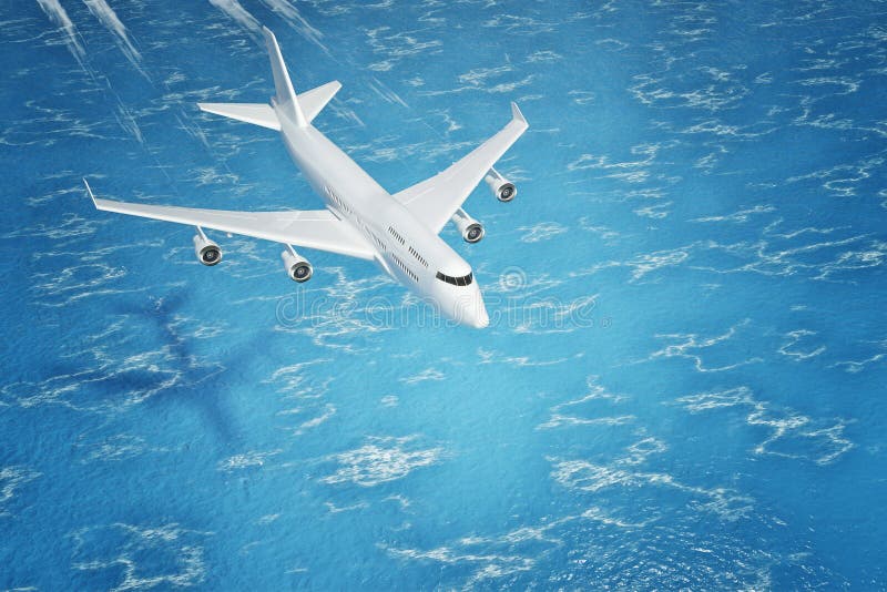 White Jet Passenger`s Airplane Fly Over Ocean. 3d Rendering Stock ...