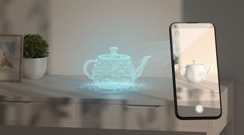 White Kettle Hologram Stand on Table Phone Display Augmented Reality ...