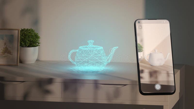 White Kettle Hologram Stand on Table Phone Display Augmented Reality ...