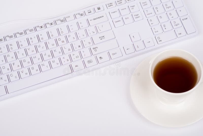 White Keyboard and Coffee Cup, Top View Stock Image - Image of ...