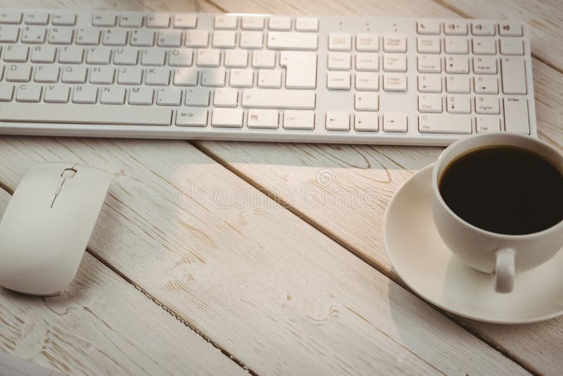 White Keyboard and Cup of Coffee Stock Image - Image of wood, table ...