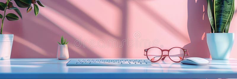 A White Keyboard, Glasses, and Mouse on a White Desk in Front of a Pink ...