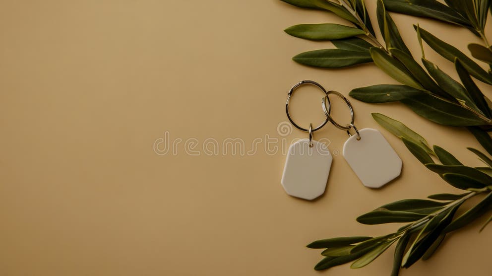 White Keychains with Round and Square Tags on Beige Background Stock ...