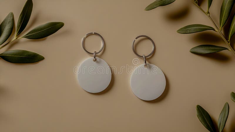 White Keychains with Round and Square Tags on Beige Background Stock ...