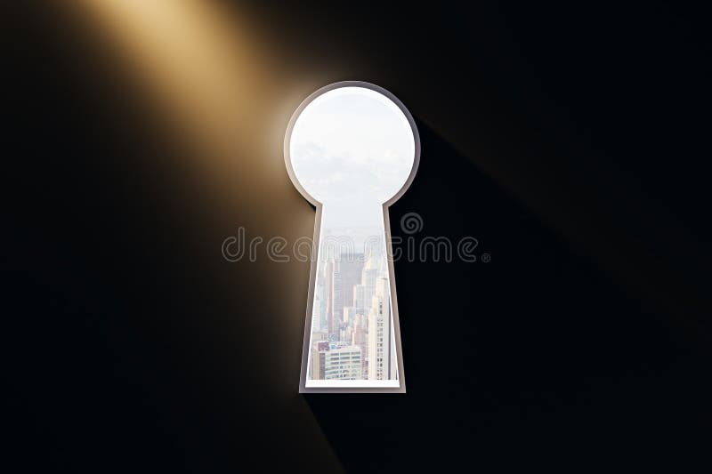 White Keyhole Opening with City View in Black Concrete Wall. Future ...