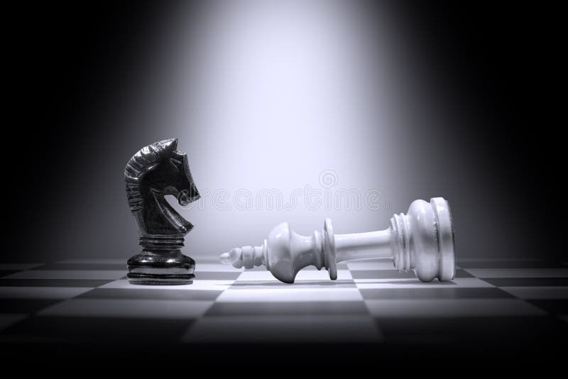 White King Chess Piece Defeating by Black Knight Chess Piece Stock ...