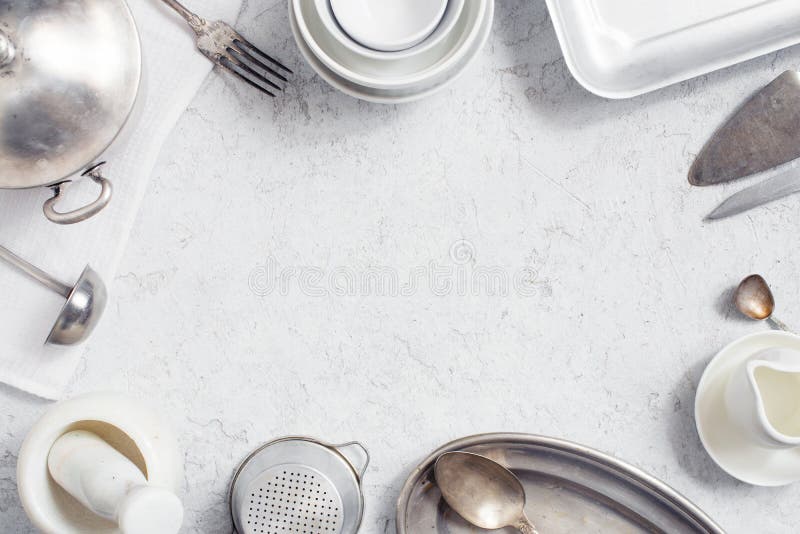 White Kitchen Background Decorated with Vintage Kitchen Utensils Stock ...