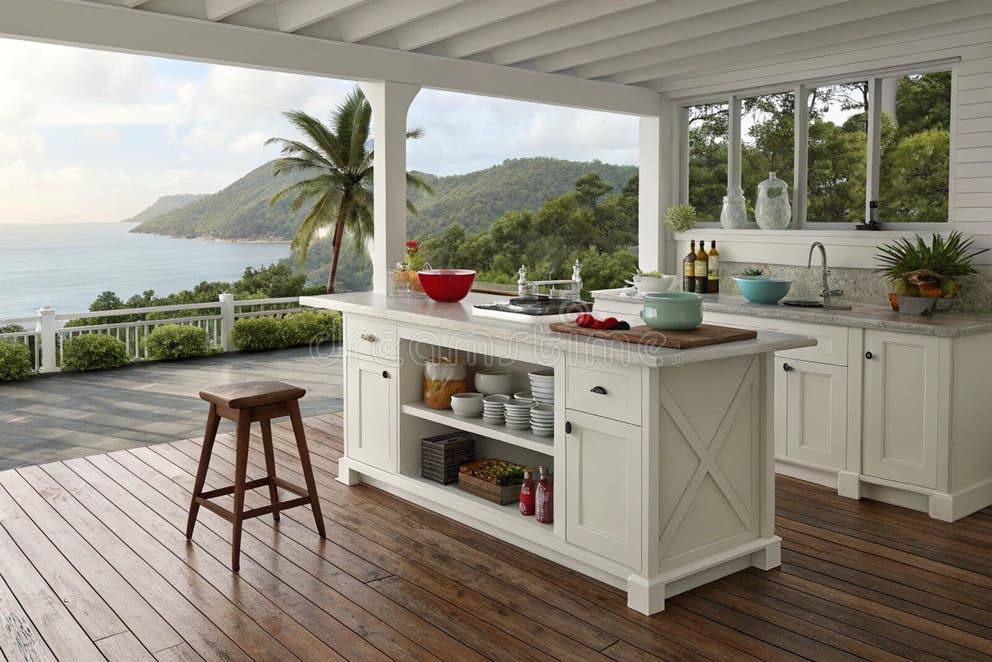 White Kitchen with Bar Island and Panoramic Window Stock Illustration ...
