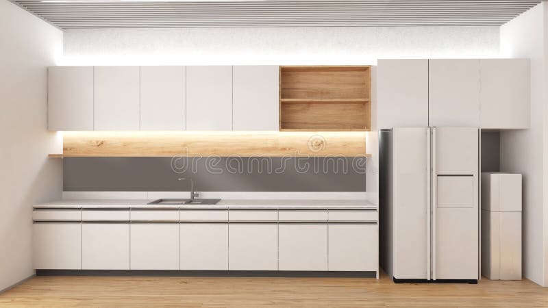 White Kitchen Cabinets with Sink and Refrigerator,side View Kitchen ...