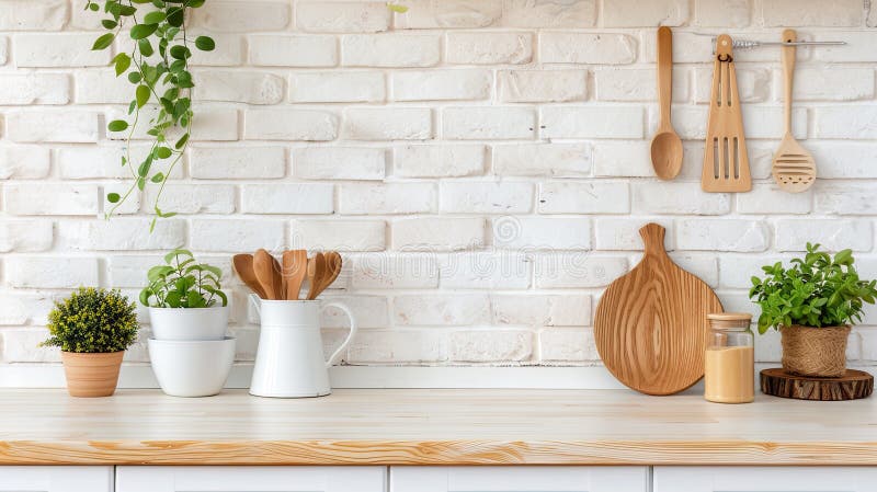A White Kitchen Countertop with a White Brick Wall Backdrop, Featuring ...
