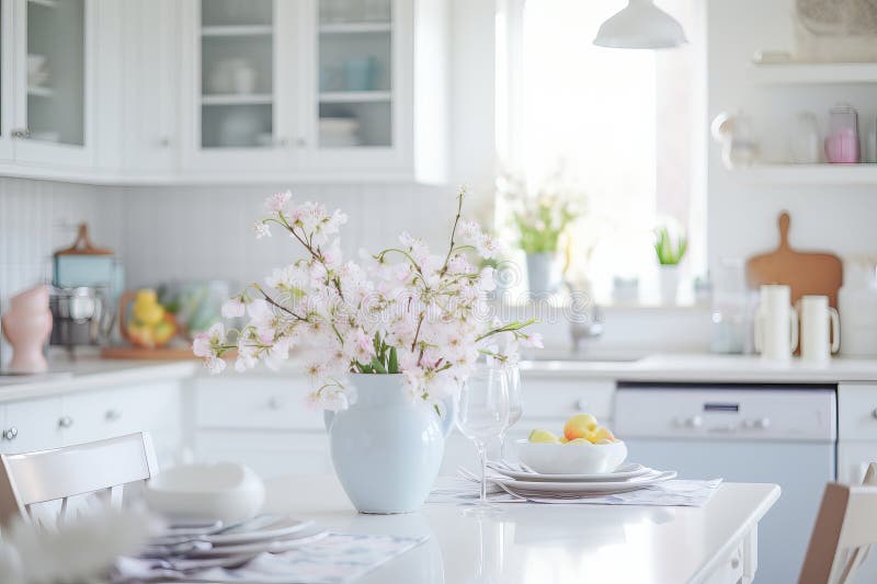 White Kitchen Decorated for Easter with Spring Flowers and Colored ...