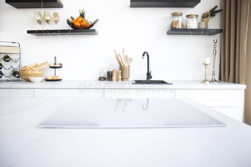 White Kitchen with Induction Hob Stock Photo - Image of wall ...