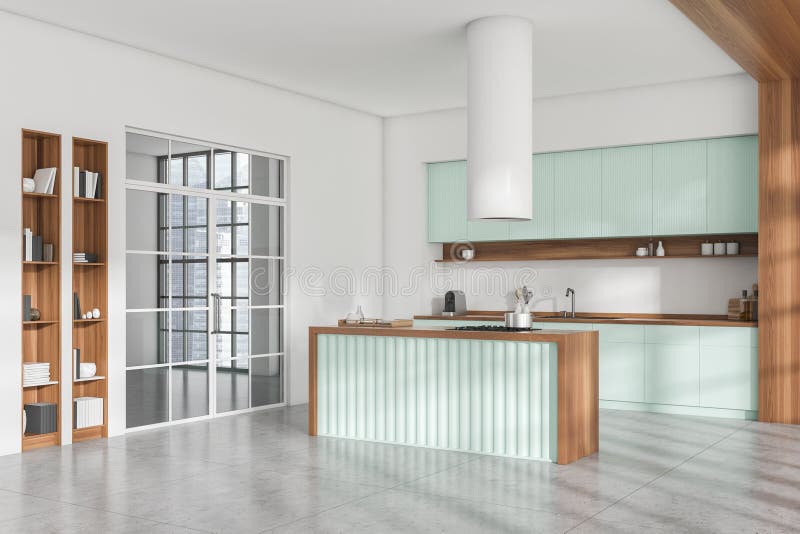 Light Kitchen Interior with Bar Countertop and Panoramic Window Stock ...
