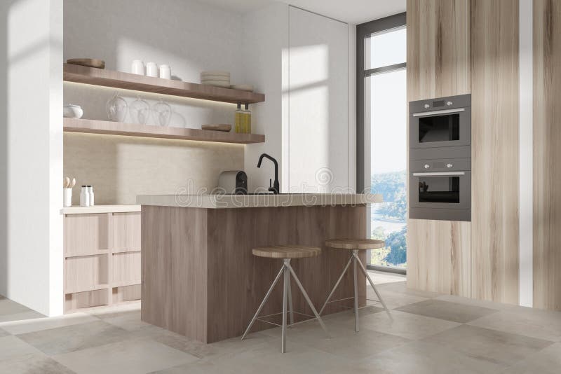 Elegant Kitchen Interior with Bar Island and Stool, Panoramic Window ...