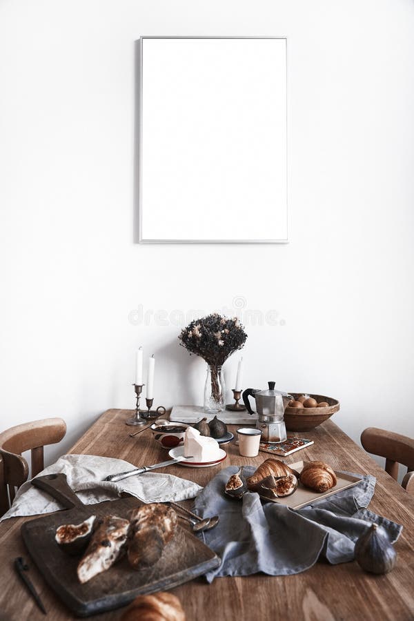 White Kitchen Interior with Breakfast on Wooden Table, Poster on the ...