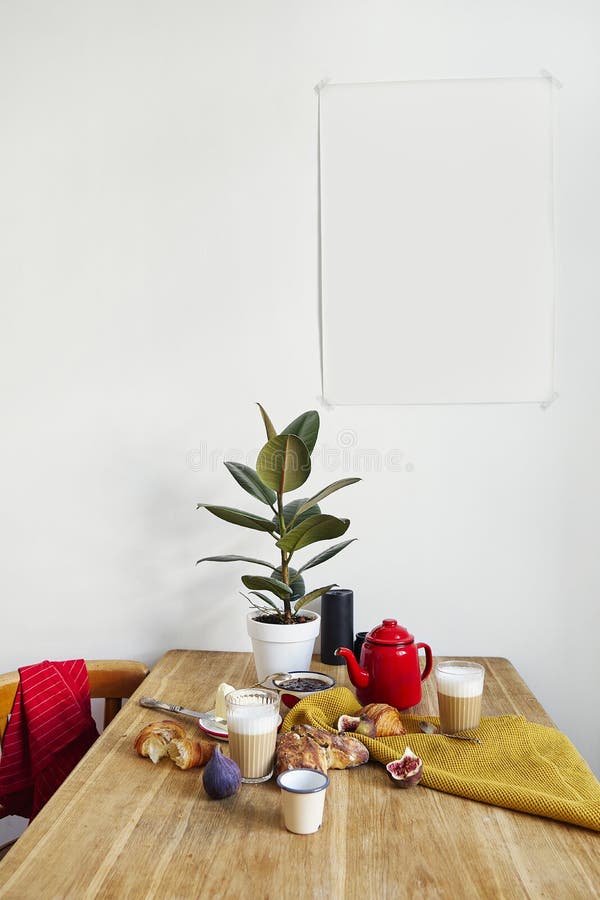 White Kitchen Interior with Breakfast on Wooden Table, Poster on the ...