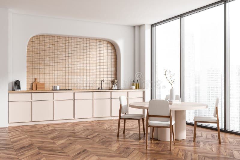 White Kitchen Interior with Cooking and Eating Space, Panoramic Window ...