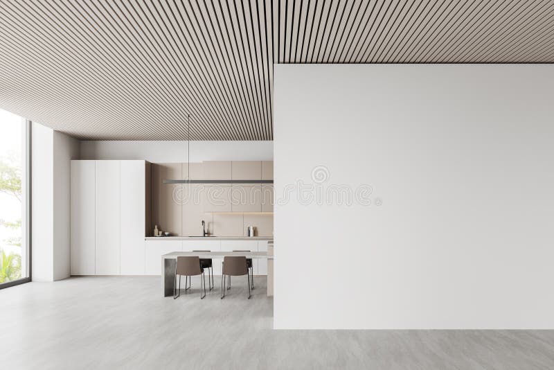 White Kitchen Interior with Dining Table and Blank Wall Stock ...