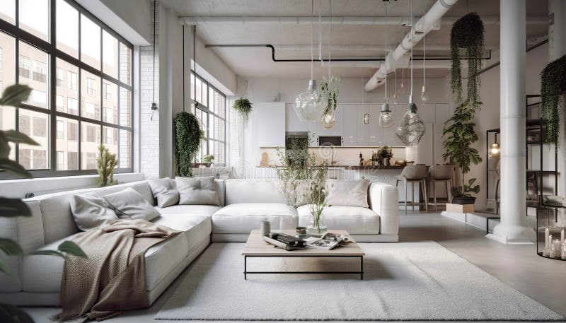 White Kitchen in Loft Studio Apartment. Interior Design of Modern ...