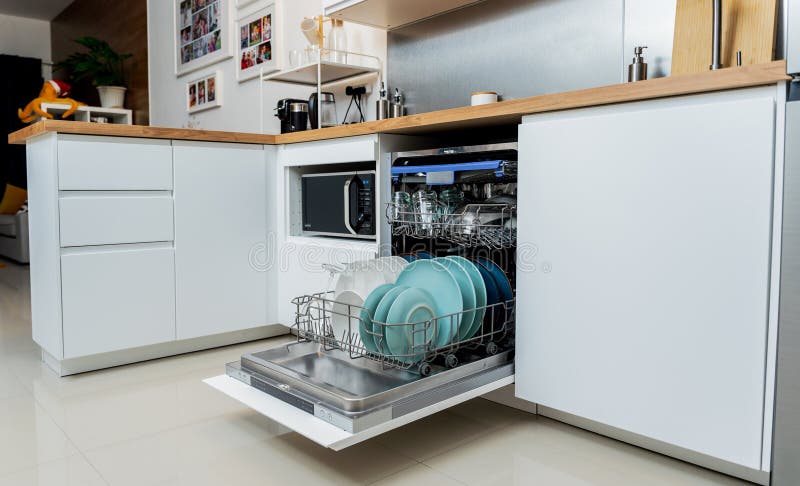 The White Kitchen and Opened Dishwasher with Clean Dishes Stock Photo ...