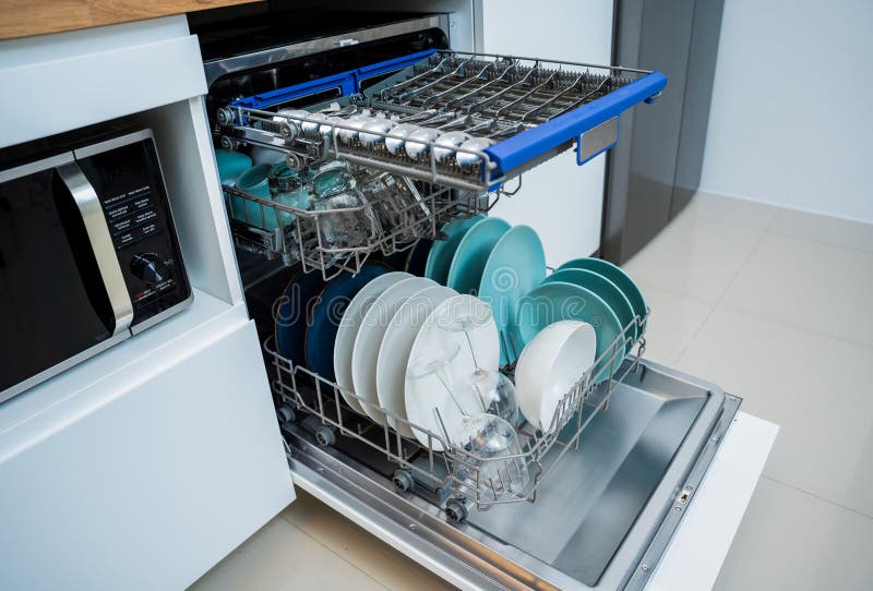 The White Kitchen and Opened Dishwasher with Clean Dishes Stock Photo ...