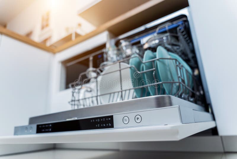 The White Kitchen and Opened Dishwasher with Clean Dishes Stock Image ...