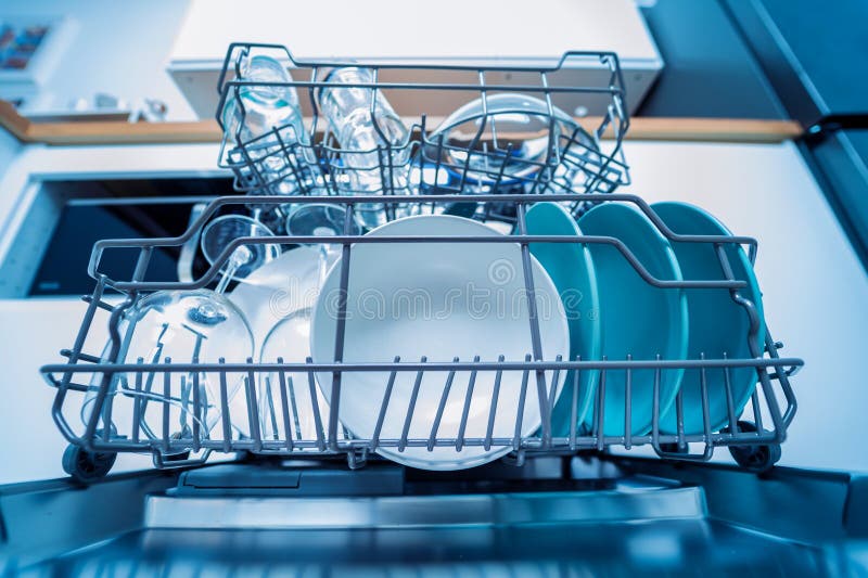 The White Kitchen and Opened Dishwasher with Clean Dishes Stock Image ...
