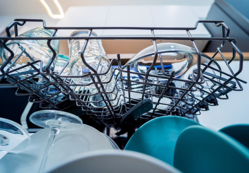 The White Kitchen and Opened Dishwasher with Clean Dishes Stock Photo ...