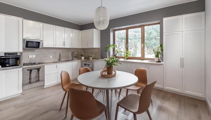 White Kitchen with Round Dining Table and Fridge Stock Illustration ...