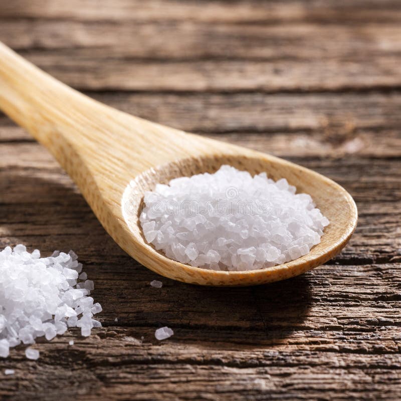 White Kitchen Salt Crystals in Wooden Spoon Stock Image - Image of bath ...