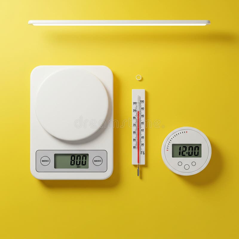 White Kitchen Scale, Digital Timer, and Thermometer on a Vibrant Yellow ...
