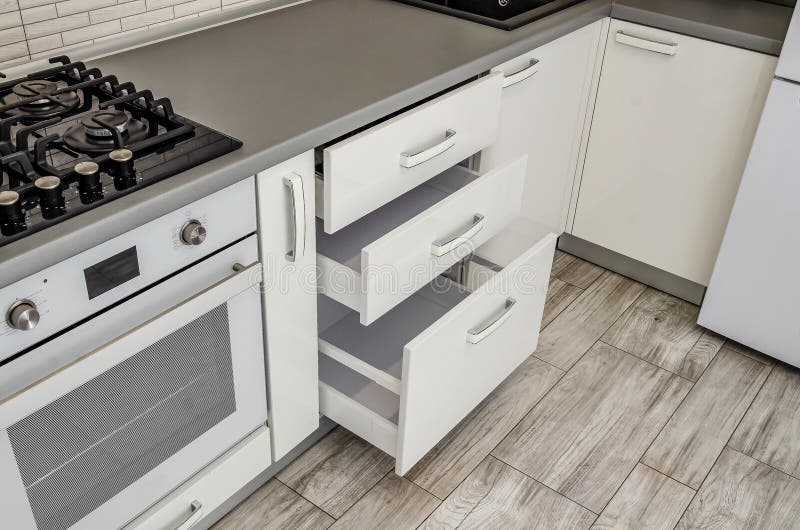 White Kitchen Set, Bedside Table with Drawers Stock Photo - Image of ...