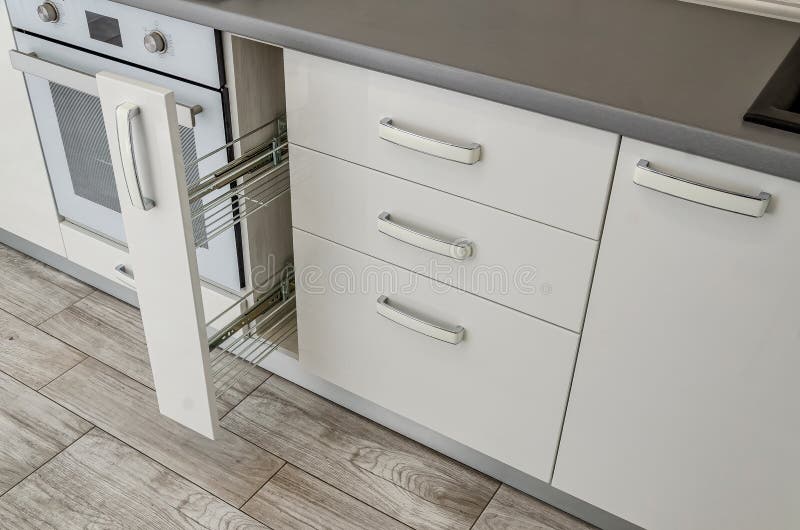 White Kitchen Set, Bedside Table with Drawers Stock Image - Image of ...