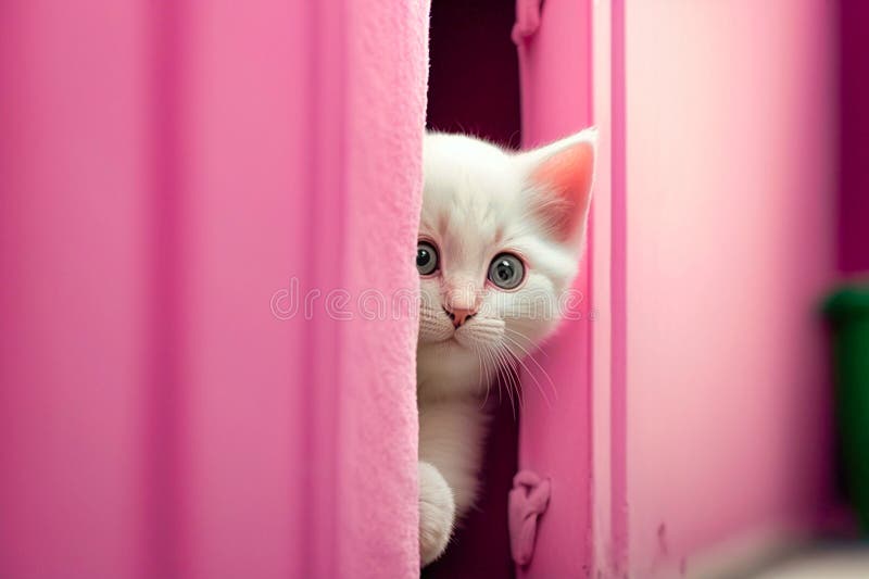 A White Kitten Peeks Out from Behind a Pink Wall, Generative AI Stock ...