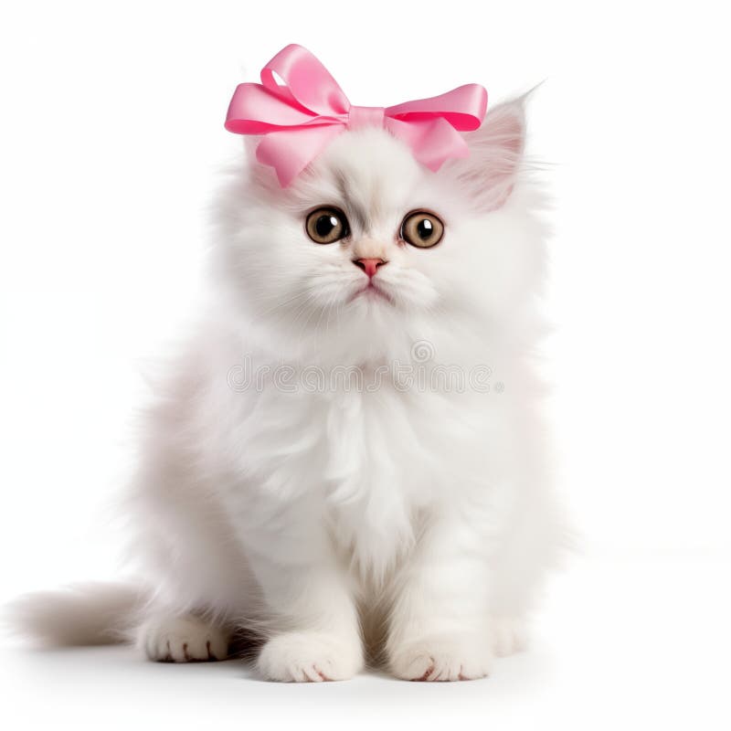 White Kitten with Pink Ribbon Bow on White Background Stock ...