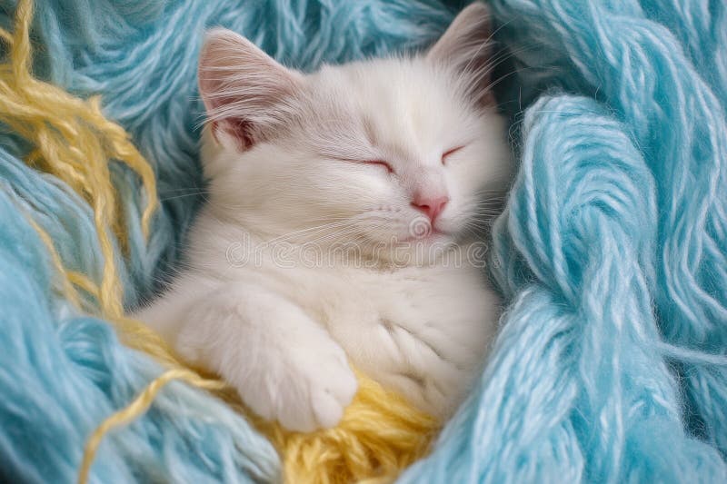 White Kitten Sleeping Peacefully on Soft Blue and Yellow Wool Stock ...