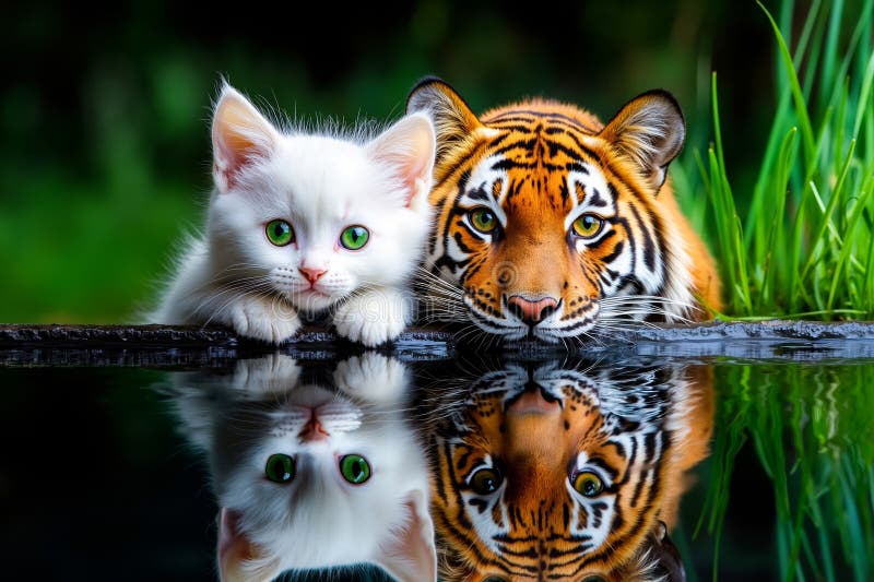 A White Kitten and a Tiger are Looking at the Camera Stock Photo ...