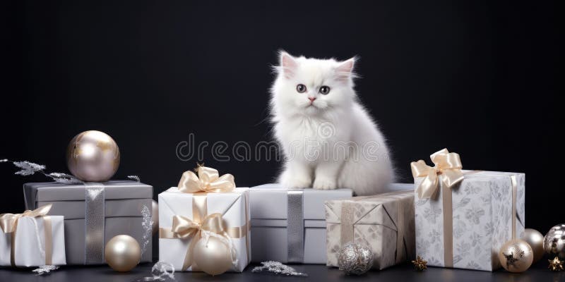 White Kitten with Velvet Ribbons and Gift Boxes Against a Black ...