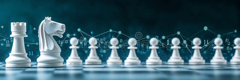 White Knight Leading Chess Pawns on Checkerboard, with Network Graphic ...