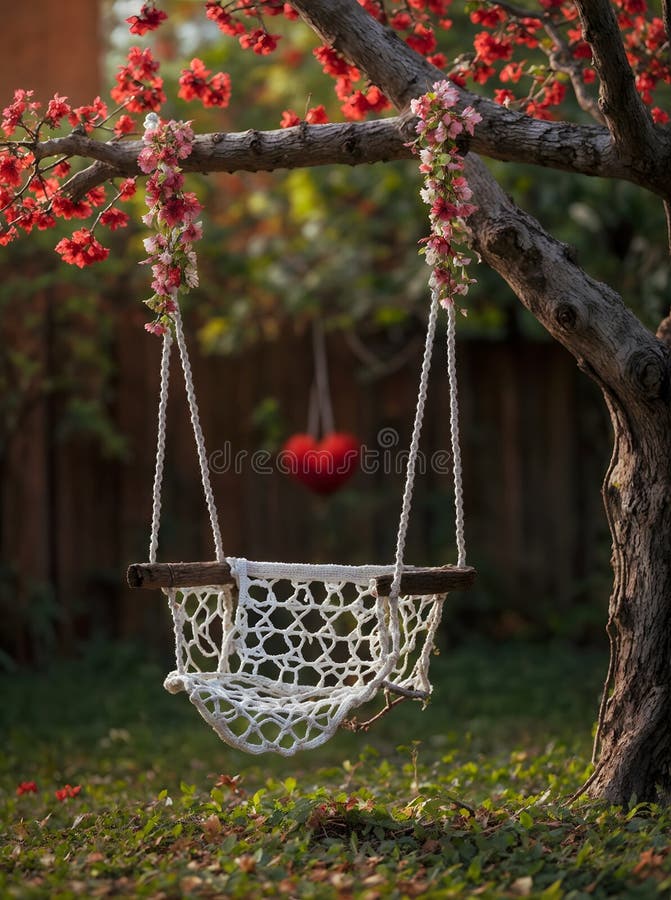 A White Knitted Swing Hanging from a Tree Branch. Stock Illustration ...